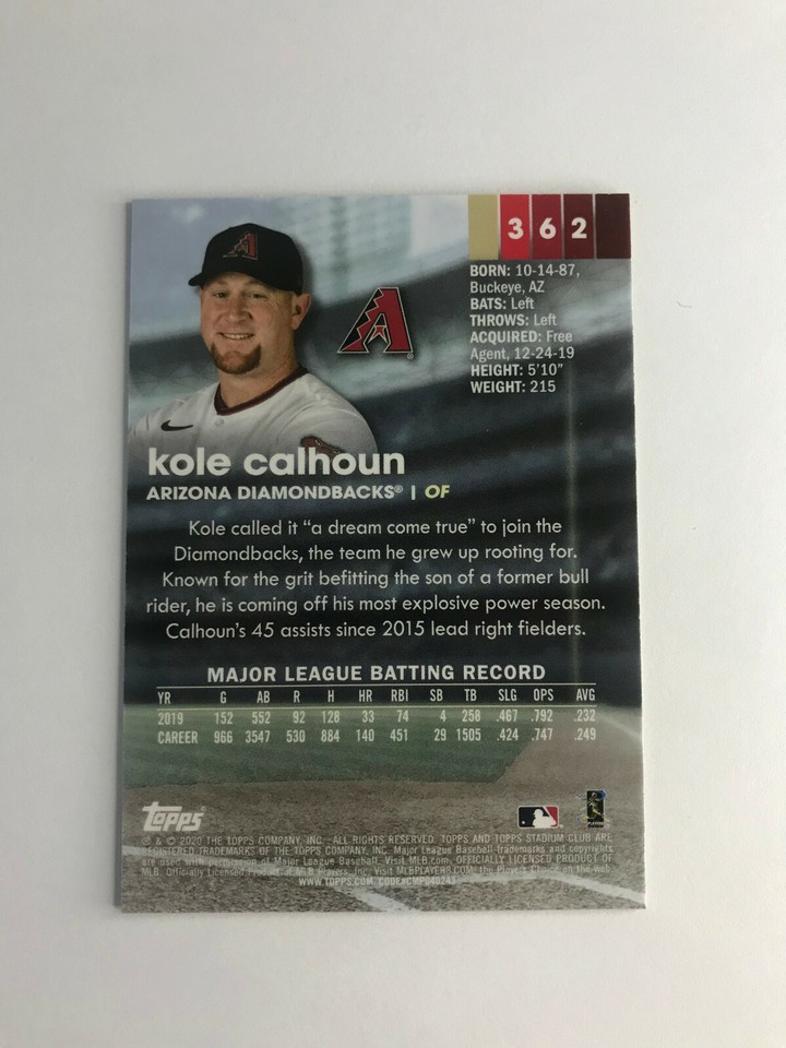 2020 Topps Stadium Club Chrome Kole Calhoun Arizona Diamondbacks #362 ...