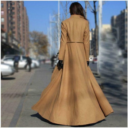 Womens Wool Blend Floor Length Winter Slim Split Stand Collar Dress ...