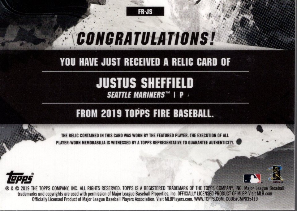 2019 Topps Fire Relics #FRJS Justus Sheffield - NM-MT | eBay