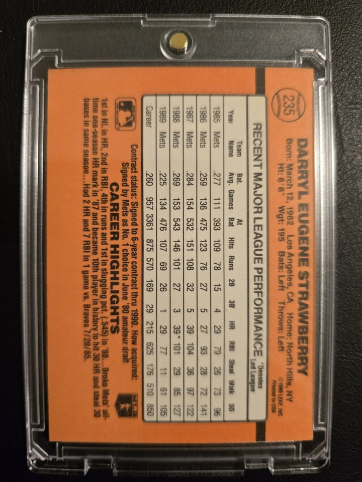 1990 Donruss Darryl Strawberry #235 Error No Dot After Inc New York ...