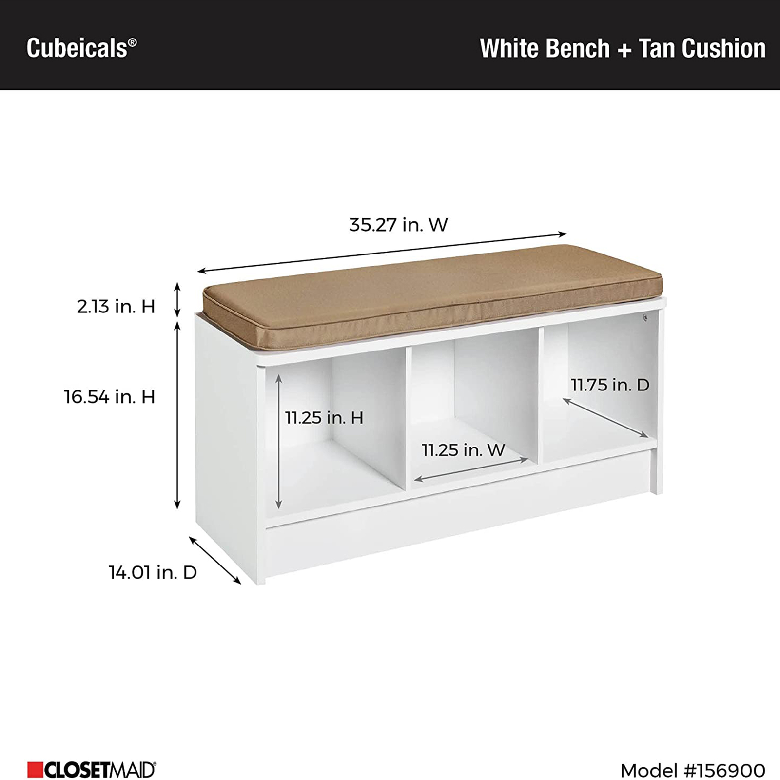 ClosetMaid 3 Cube Cubby Storage Organizer Bench w/Seat Cushion, White ...