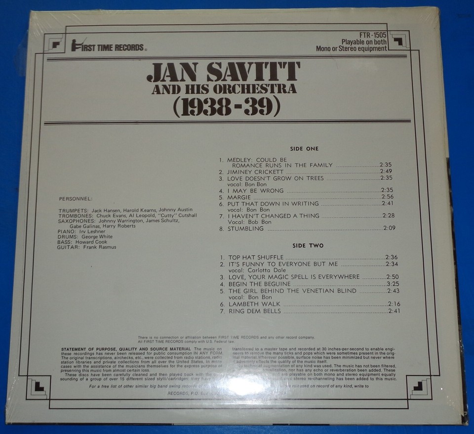 JAN SAVITT AND HIS ORCHESTRA - First Time Records FTR-1505 SEALED | eBay