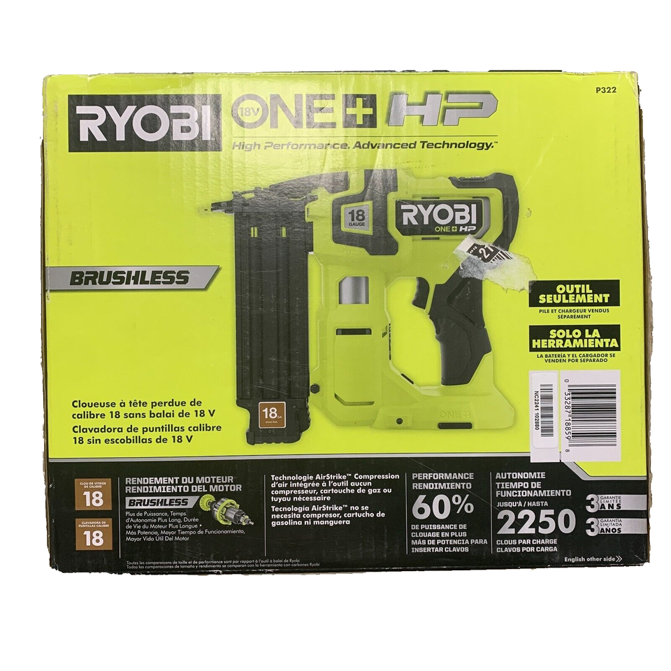 RYOBI ONE+ HP 18V Brushless Brad Nailer Gun Tool Only (P322) - SEALED ...