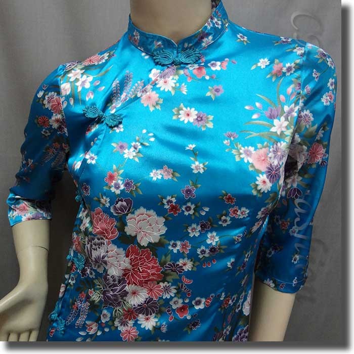 Chinese Cheongsam Qipao Style Floral Satin Tunic Top Blue XS/S/L/XL | eBay