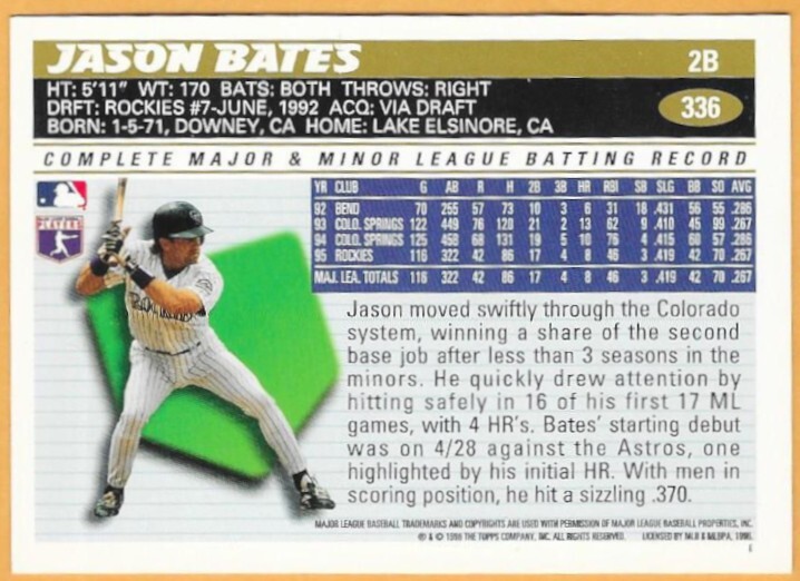 JASON BATES COLORADO ROCKIES #336 - TOPPS NM-MT 1996 | eBay