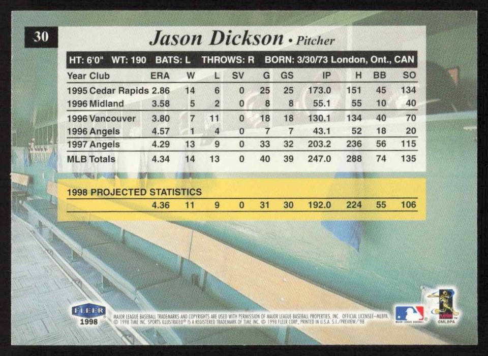 1998 Sports Illustrated Jason Dickson #30 Anaheim Angels | eBay