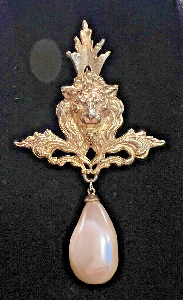 VTG Marvella Signed Brooch Gold Lion Head Crown Pear … - Gem