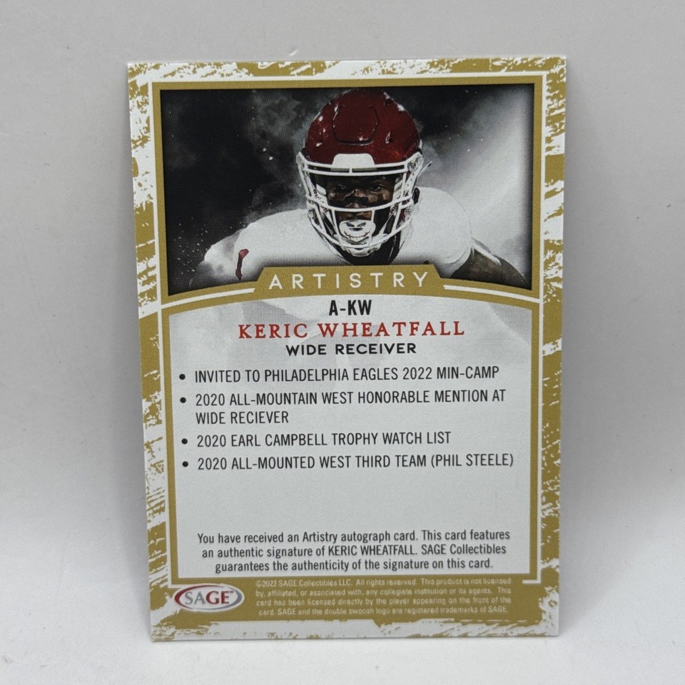 2022 SAGE Artistry Auto Red Keric Wheatfall #A-KW Auto NFL Philadelphia ...