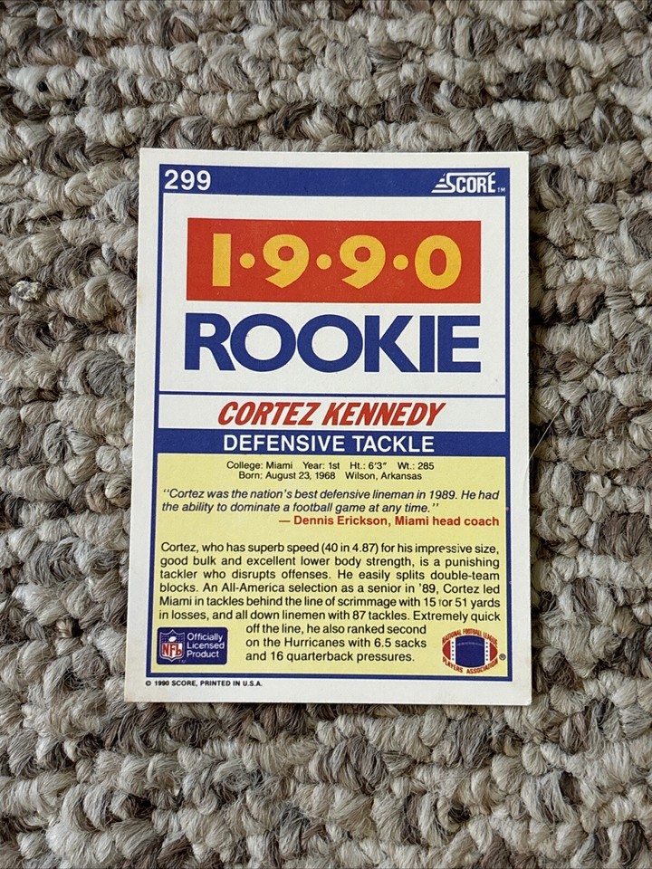 1990 Score Cortez Kennedy Rookie Football Sports Card | eBay