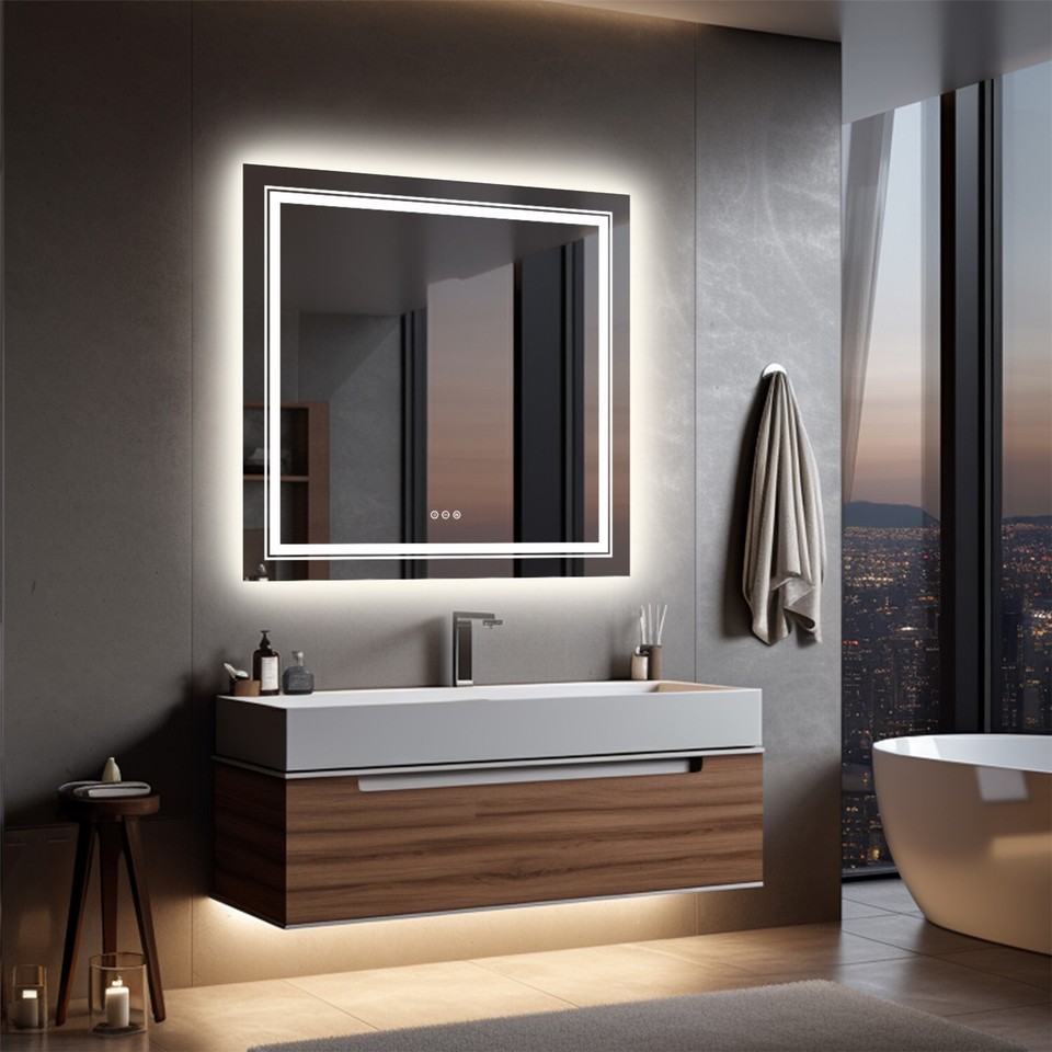 High Lumin XL LED Square Wall Bathroom Mirror With Anti Fog & Dimming ...