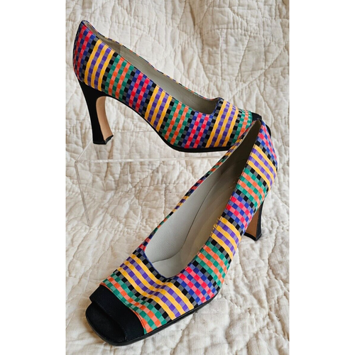 Vintage DELMAN Womens Pumps Red Green Purple Color Plaid RARE Peep Toe ...