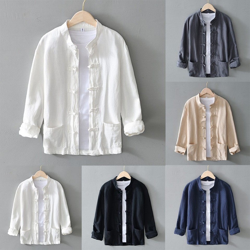 Mens Chinese Style Blouse Mens Casual Tops Regular Fit Polyester Fabric ...