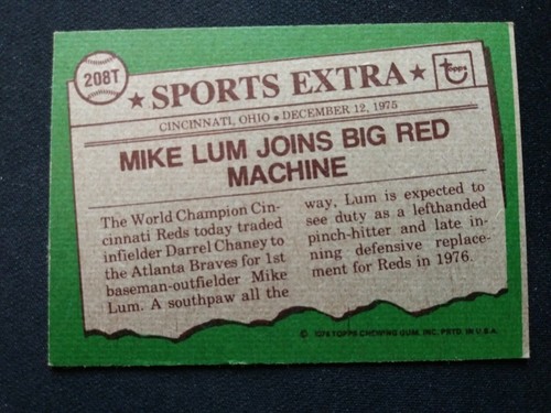 1976 Topps "Traded" Baseball Card # 208T Mike Lum - Cincinnati Reds | eBay
