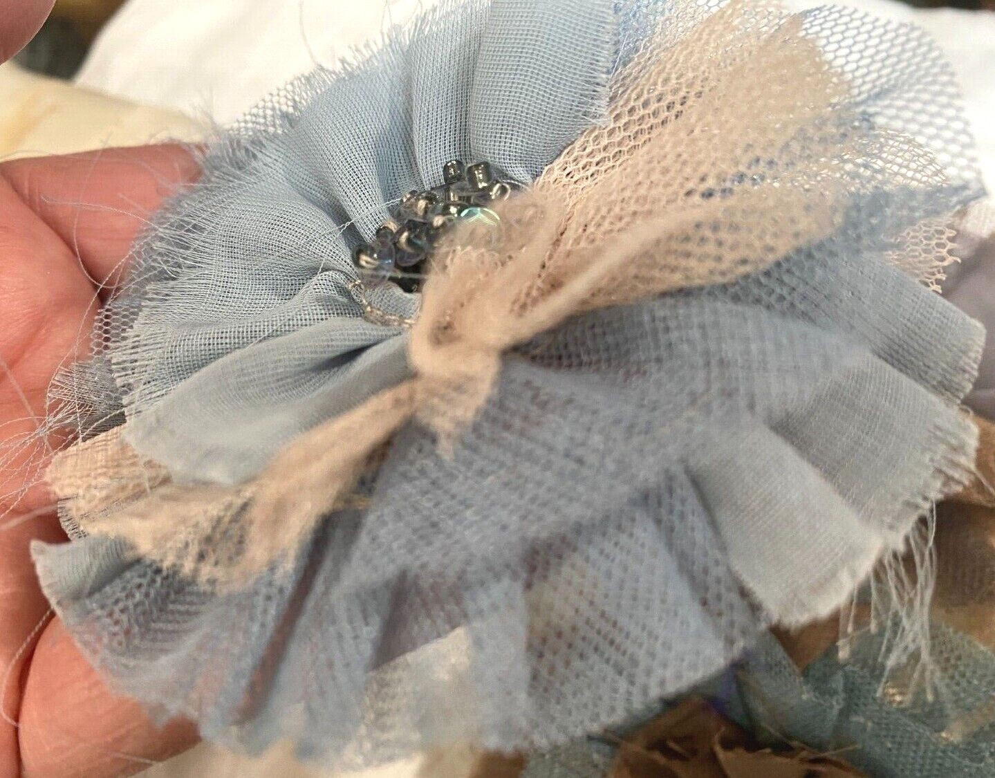 vintage applique boho flower layered netting beads hand sewn 3.5 ...