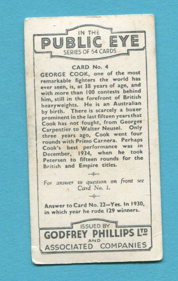 1935 Godfrey Phillips Cigarettes In The Public Eye #4 George Cook Boxer ...