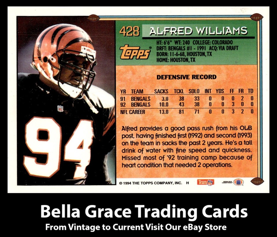 1994 Topps Alfred Williams #428 Cincinnati Bengals Special Effects NFL ...
