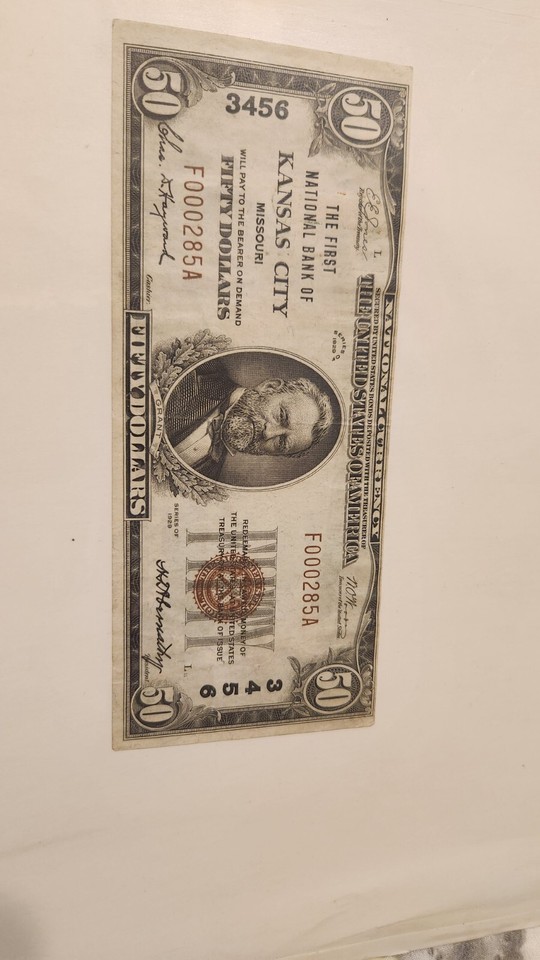 1929 $50 FIRST NATIONAL BANK OF KANSAS CITY, MO NATIONAL CURRENCY CH ...