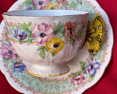 Vintage 1930's Aynsley Butterfly Handle Floral Pattern Tea Cup Saucer ...