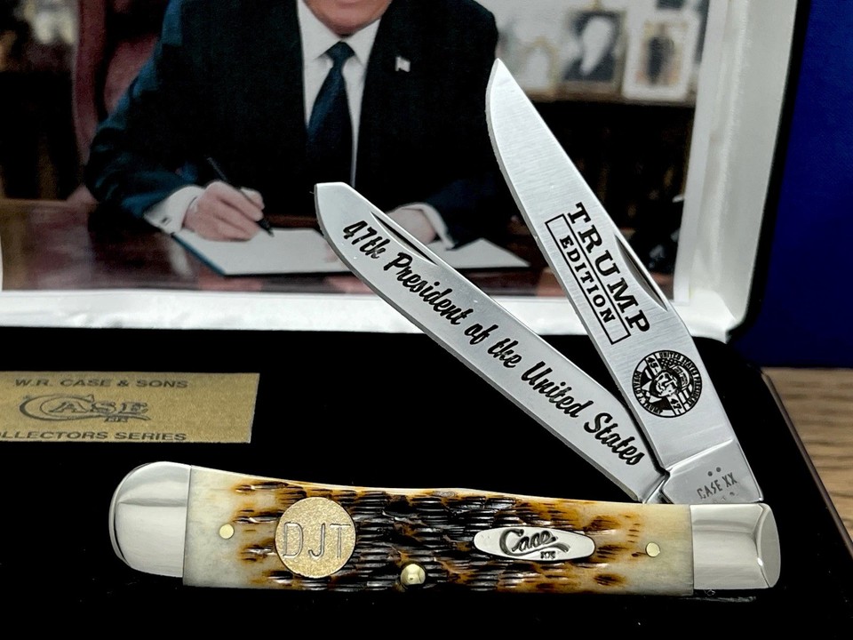 CASE XX PRES.TRUMP Amber Bone 24K Plated DJT Shield/ Trapper Knife ...