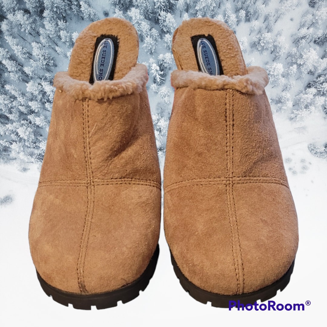 Suede Fur Lined Mules Heels Shoes light brown Suede Faux Sherpa Size 7 ...