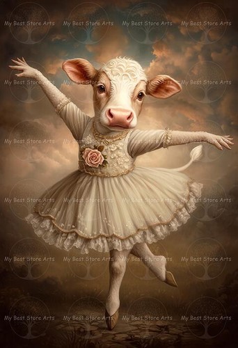 COW BALLERINA ART PRINT, Gothic Fantasy Poster, Dancing Farm Animal ...