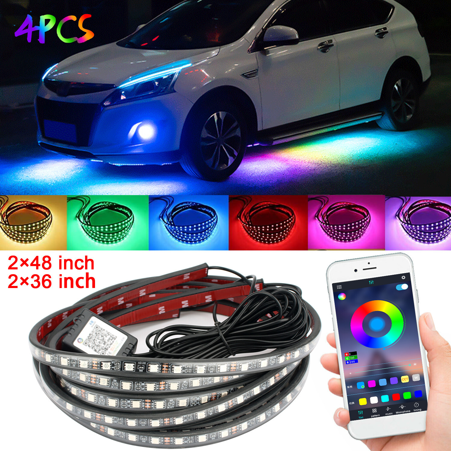 4PCS RGB LED Strip Under Car Tube Underglow Underbody System Neon Light ...
