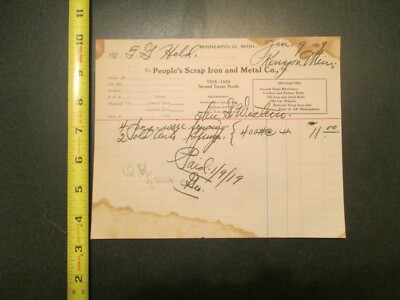 Peoples Scrap Iron Metal Co 1919 MN Invoice Letterhead 1275 | eBay