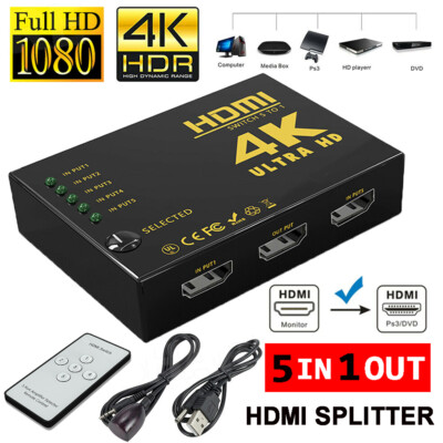 5 Port HDMI Switch Splitter Selector Switcher Hub IR Remote HDTV 4K 5 ...