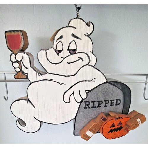 Wood Sign Halloween Ripped Ghost Wine Drinking Pumpkin Empty Bottles ...