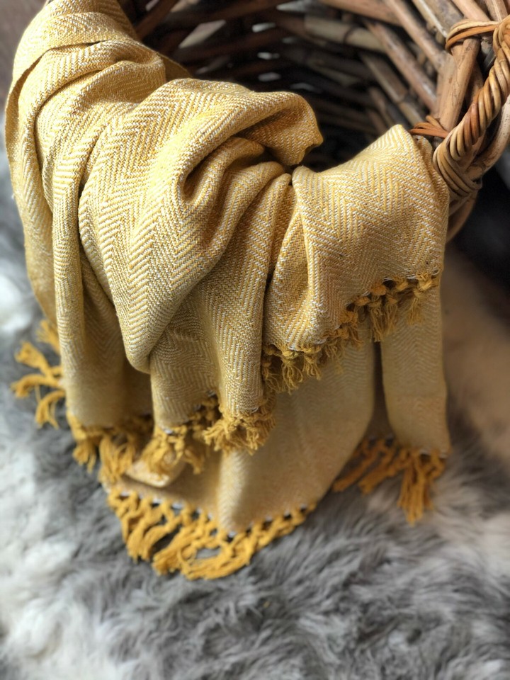 Luxury Ochre Yellow Mustard Herringbone Throw 100% Cotton Fringed Bed ...