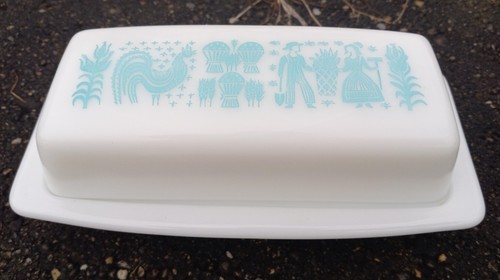 Vintage Pyrex Butter Dish w Lid Amish Print Butterprint Turquoise White ...