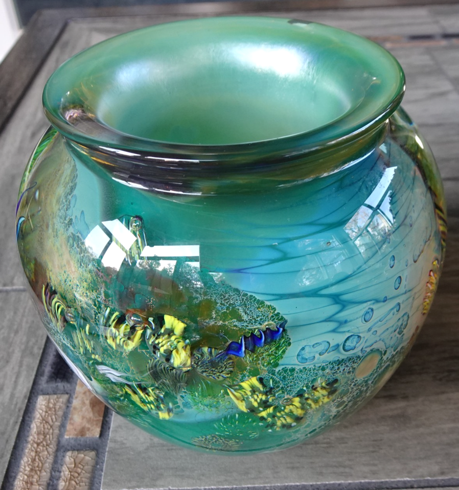 Signed Josh Simpson Studio Art Glass Inhabited Ocean Paperweight Vase ...