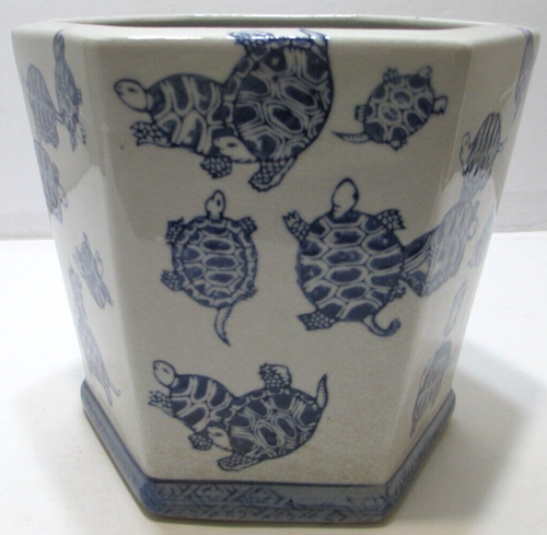 Cachepot Planter Pot Turtles Hexagonal Blue Porcelain Ceramic 6 3/4" T ...