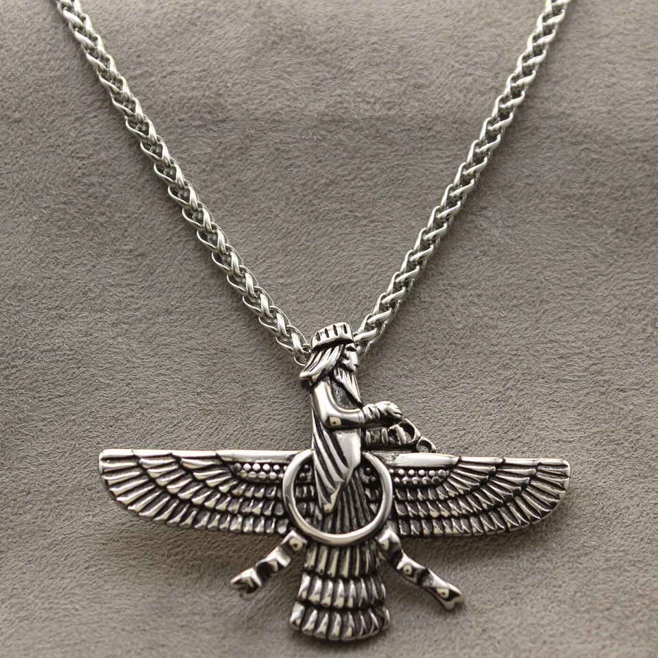Large Engraved Gold Pt Persian Farvahar Necklace Chain Persia Farohar ...