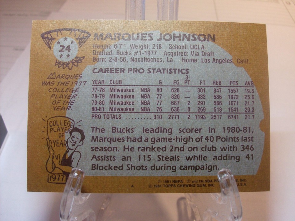 1981-82 Topps Basketball Card #24 - Marques Johnson - Milwaukee Bucks ...