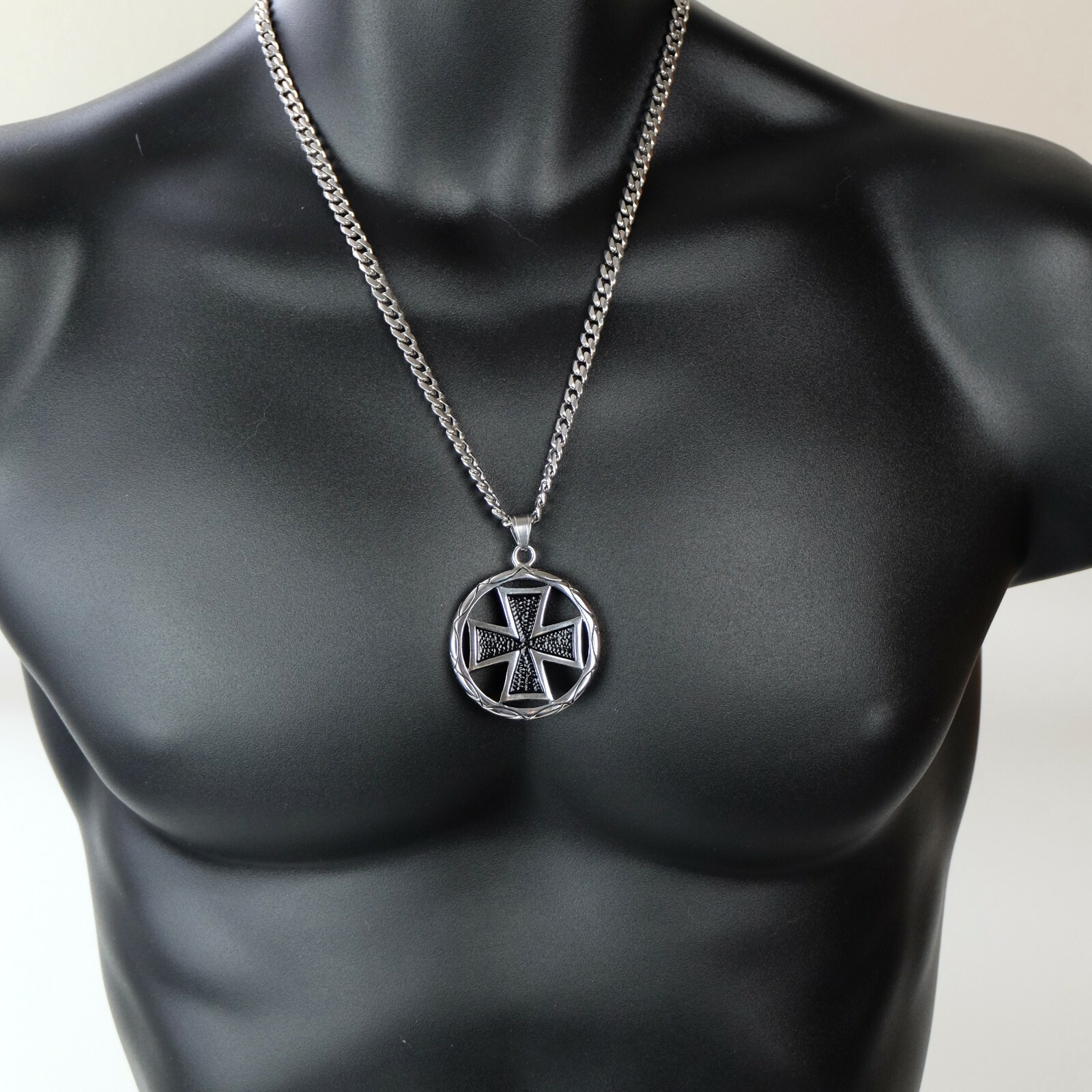 Titanium Steel round cross silver tone & 6mm Stainless beveled cuban ...