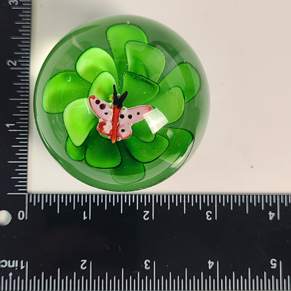 Vintage Art Glass Paperweight Butterfly on Green Leaves Floral Pink ...