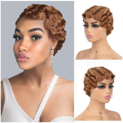 Short Pixie Cut Ocean Wave Brazilian Human Hair Wigs Finger Wave Brown ...