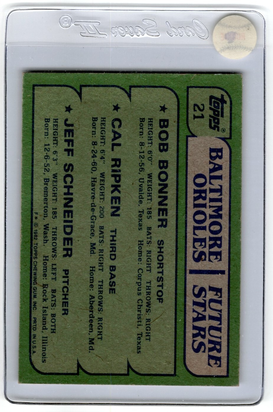1982 TOPPS ORIOLES FUTURE STARS - BOB BONNER/CAL RIPKEN/JEFF SCHNEIDER ...