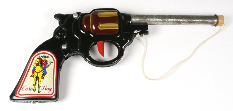 WORKING VINTAGE JAPAN TIN POP GUN CORK GUN "COWBOY" TOY METAL GUN 1950s ...