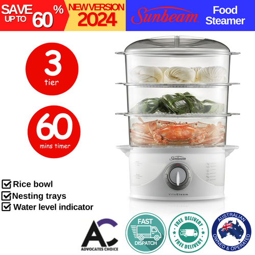 SUNBEAM 3-Tier Food Kitchen Steamer Machine Electric Steaming Fish ...
