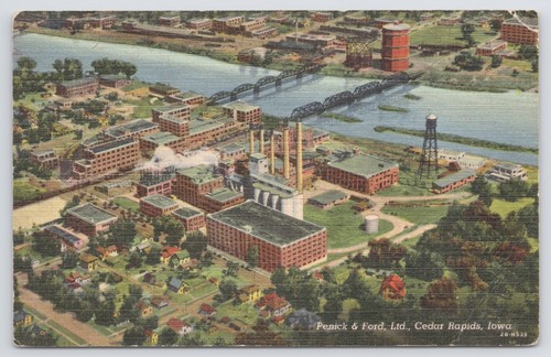 Cedar Rapids Iowa~Penick & Ford LTD Aerial View~Bridges~Linen Postcard ...