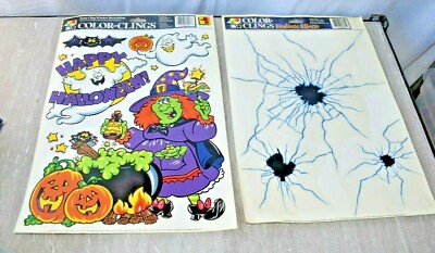 VINTAGE Window Clings Halloween Witch Pumpkin Broken Glass Decorations ...