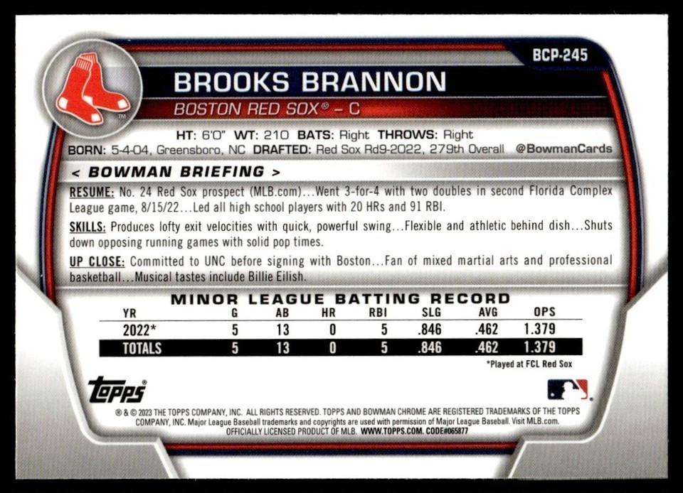 2023 Bowman Chrome Prospects Brooks Brannon G134 #BCP-245 | eBay