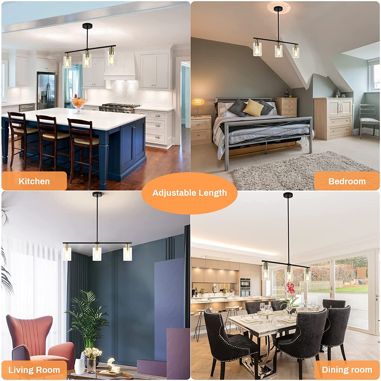 Kitchen Island Lighting Glass Chandelier Fixture Gold Black Pendant ...