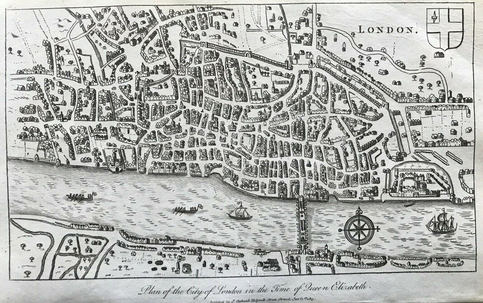 1813 Antique Map; Plan of the City of London in the time of Queen ...