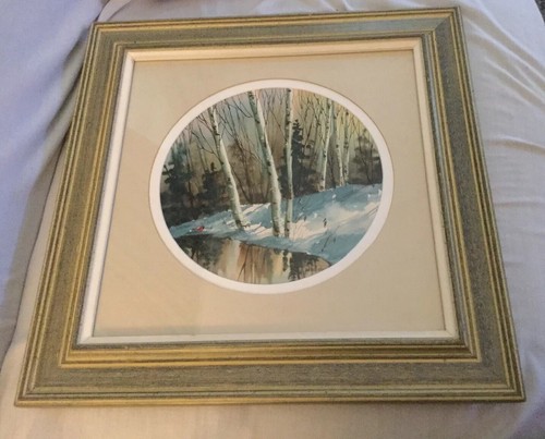 Original Denise Patchell Olson Winter Scene Birch Trees Cardinal Framed ...