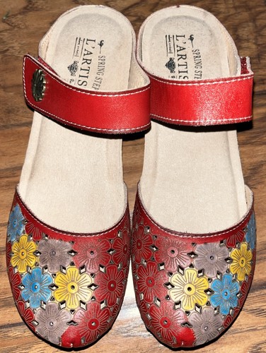 Spring Step L'Artiste Spikey Size 6.5/37 Red Flowers Leather Sandals ...