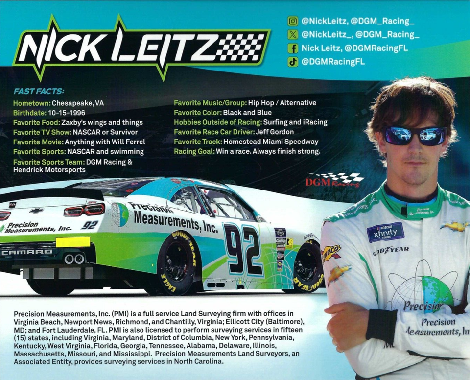 2024 NICK LEITZ "PRECISION MEASUREMENTS" #92 NASCAR XFINITY SERIES ...
