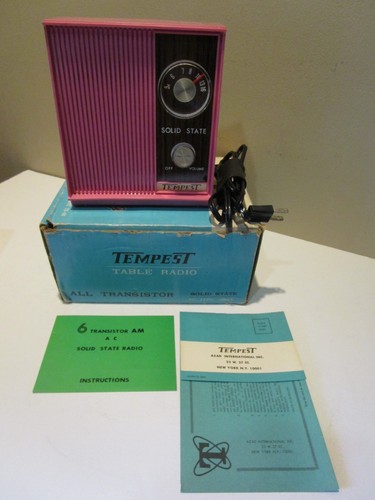 TEMPEST SOLID STATE ALL TRANSISTOR TABLE RADIO PINK W/BOX & PAPERWORK L ...